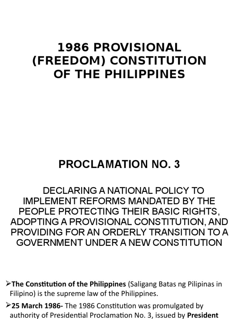 1986 Provisional (Freedom) Constitution Of The Philippines | President ...
