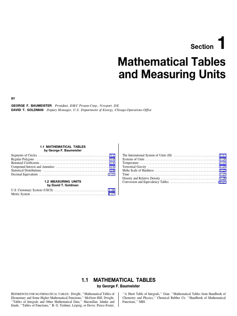 Mathematical Tables and Measuring Units: Section | PDF | Circle | Area