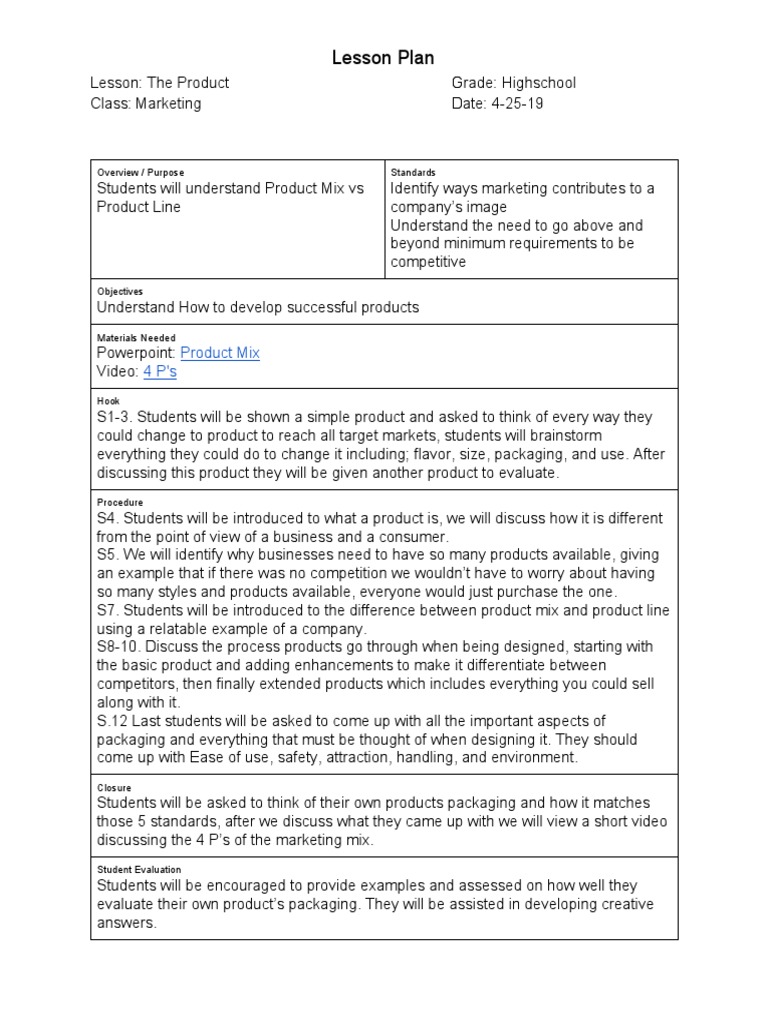 High School Marketing Lesson: Product Mix | PDF