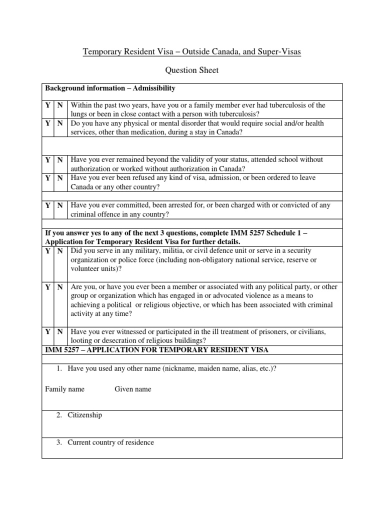 TRV - Ouside Canada and Super-Visas Question Sheet Dav | PDF | Travel ...