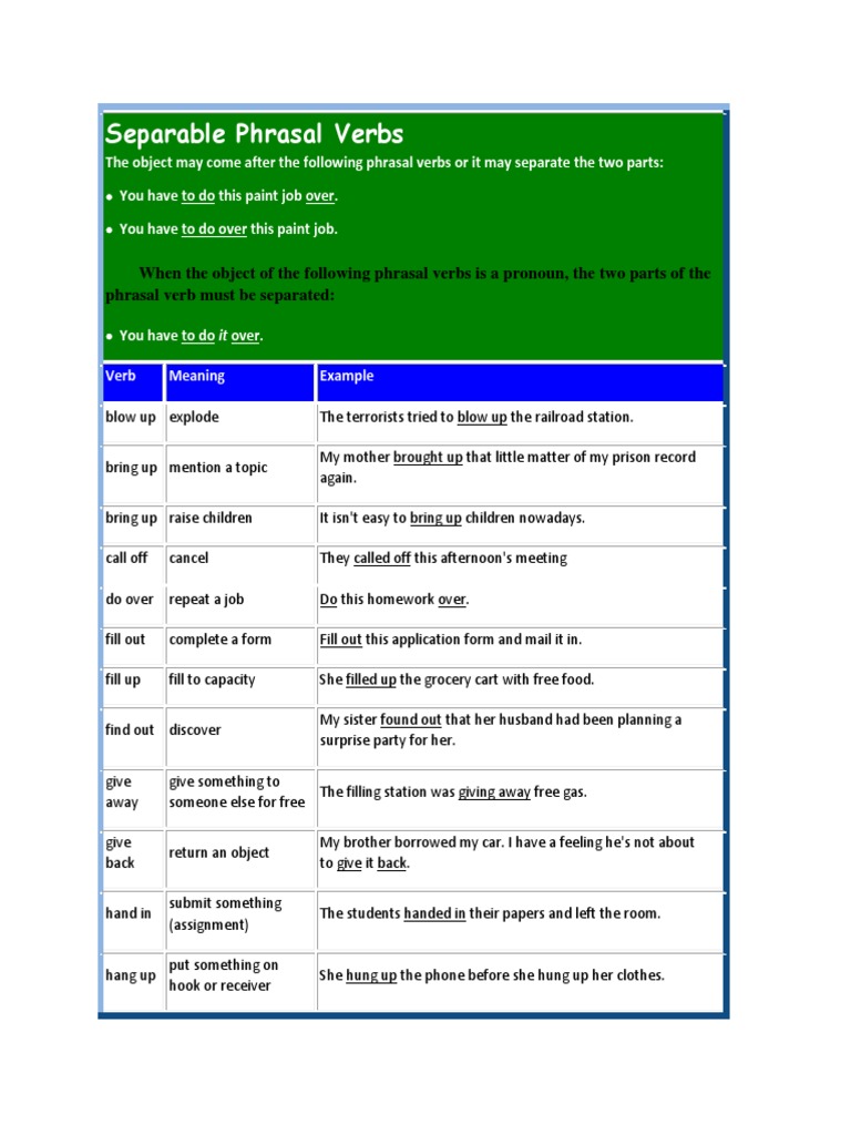 Separable and Inseparable Phrasal Verbs | PDF | Linguistic Typology ...