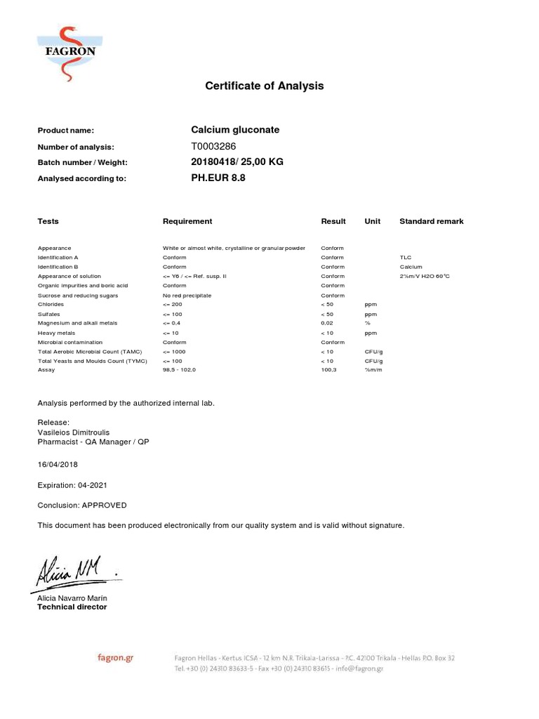 Certificate of Analysis: Calcium Gluconate | PDF
