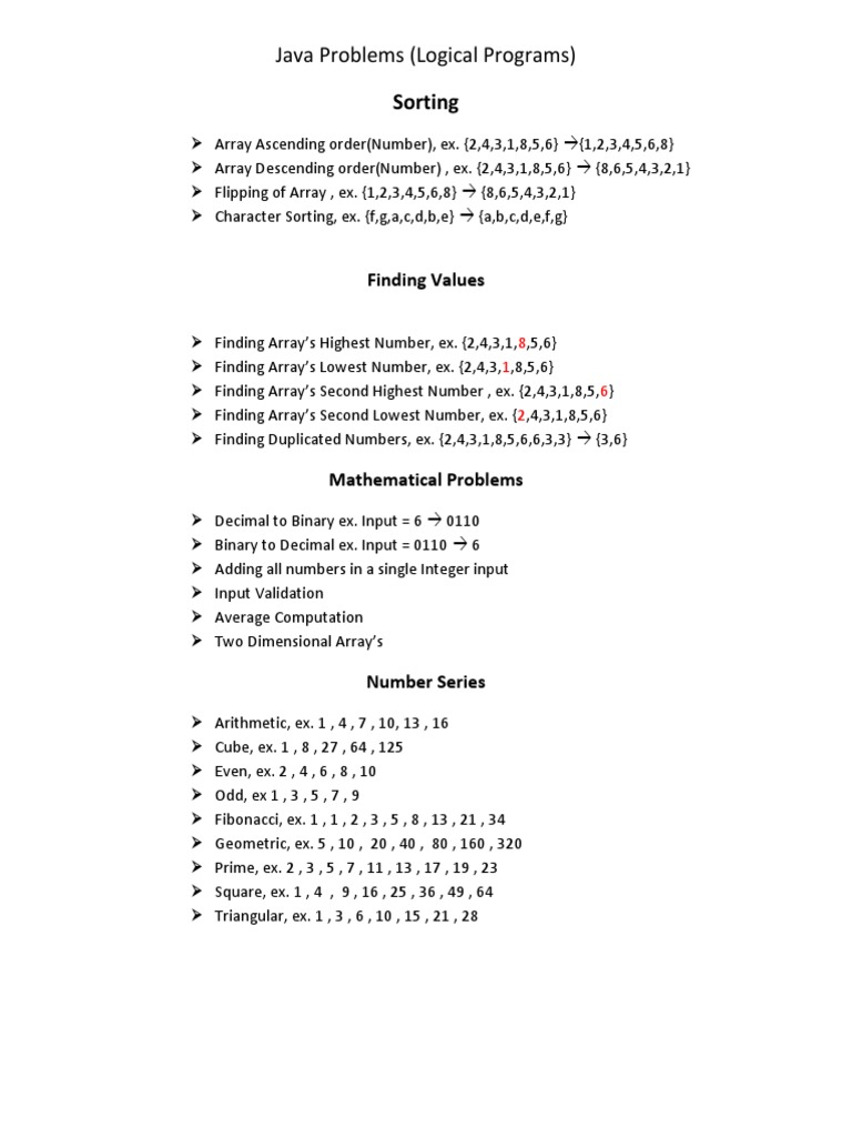 Java Problems (Logical Programs) : Sorting | PDF | Numbers | Areas Of ...