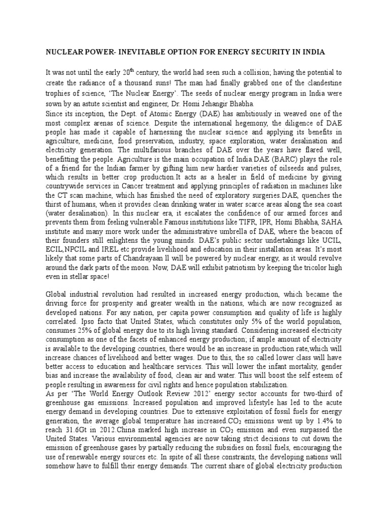 Essay - Nuclear Energy | PDF | Nuclear Reactor | Nuclear Power