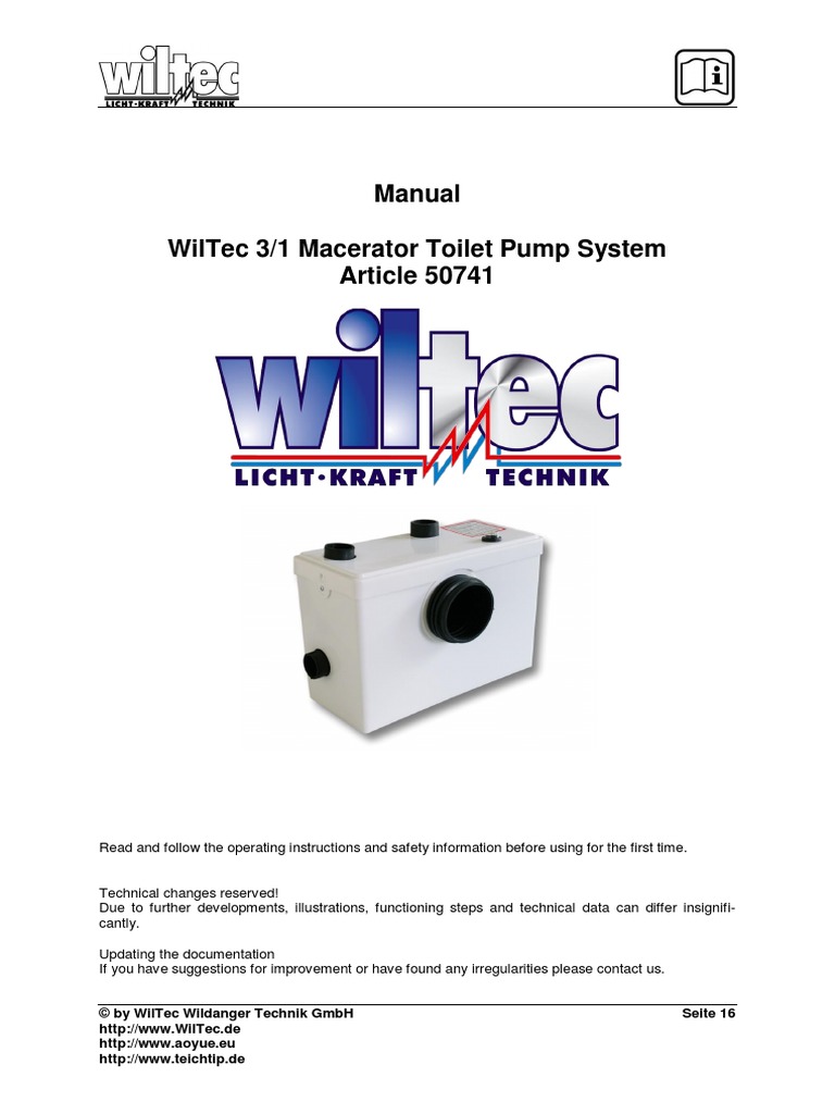 Manual Wiltec 3/1 Macerator Toilet Pump System Article 50741 | PDF ...
