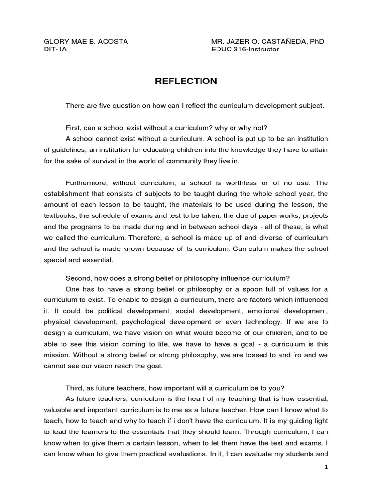Curriculum Development Reflection | PDF | Curriculum | Goal