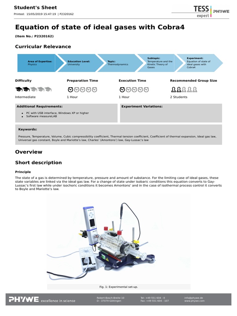 Equation of State of Ideal Gases With Cobra 4 | PDF | Gases | Correlation And Dependence