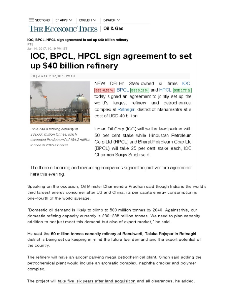 IOC, BPCL, HPCL Sign Agreement To Set Up $40 Billion Refinery | PDF ...