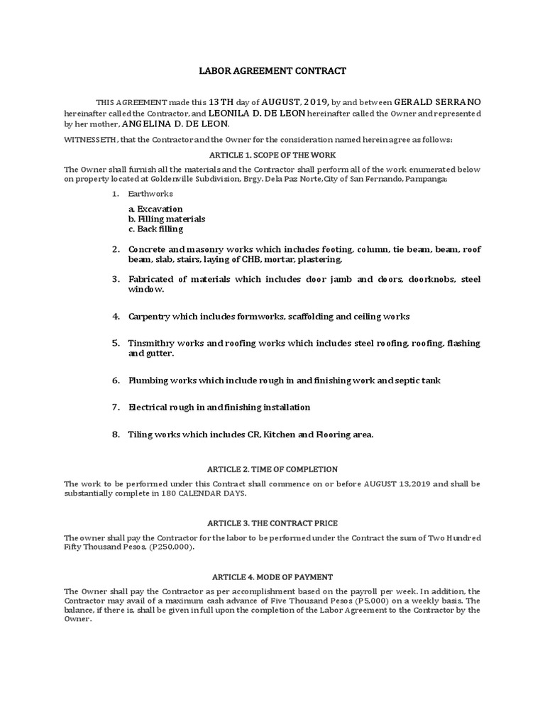 Labor Agreement Contract for Construction | PDF | Building Engineering ...
