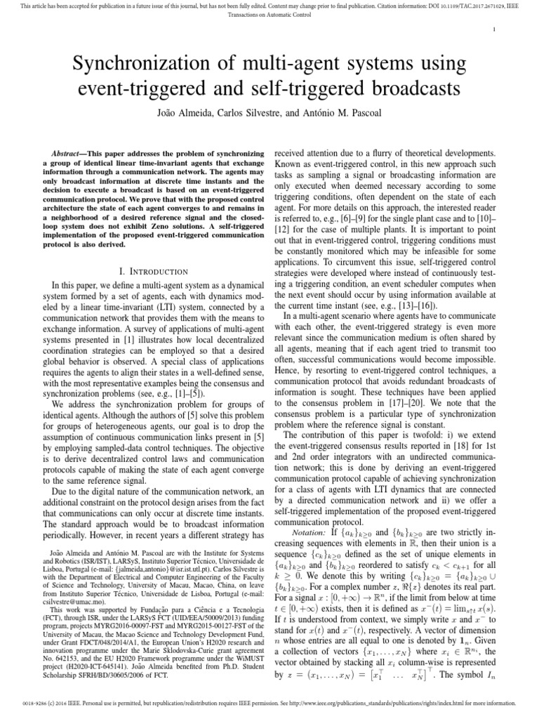 Synchronization Of Multi Agent Systems Using Event Triggered And Self Triggered Broadcasts Pdf