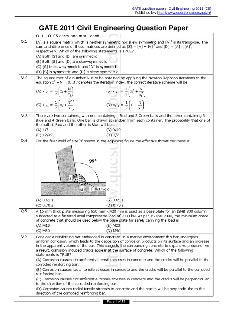 GATE 2011 Civil Engineering Question Paper | PDF | Soil Mechanics | Grief