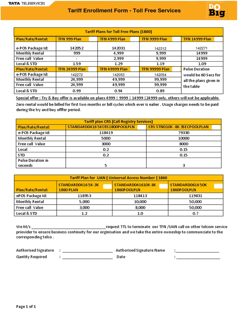 Tariff Enrollment Form - Toll Free Services | PDF | Business