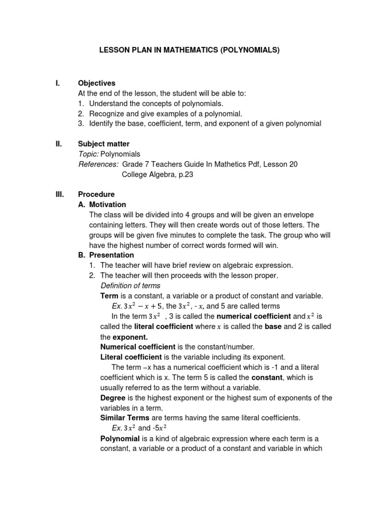 Lesson Plan in Mathematics | PDF | Polynomial | Elementary Mathematics