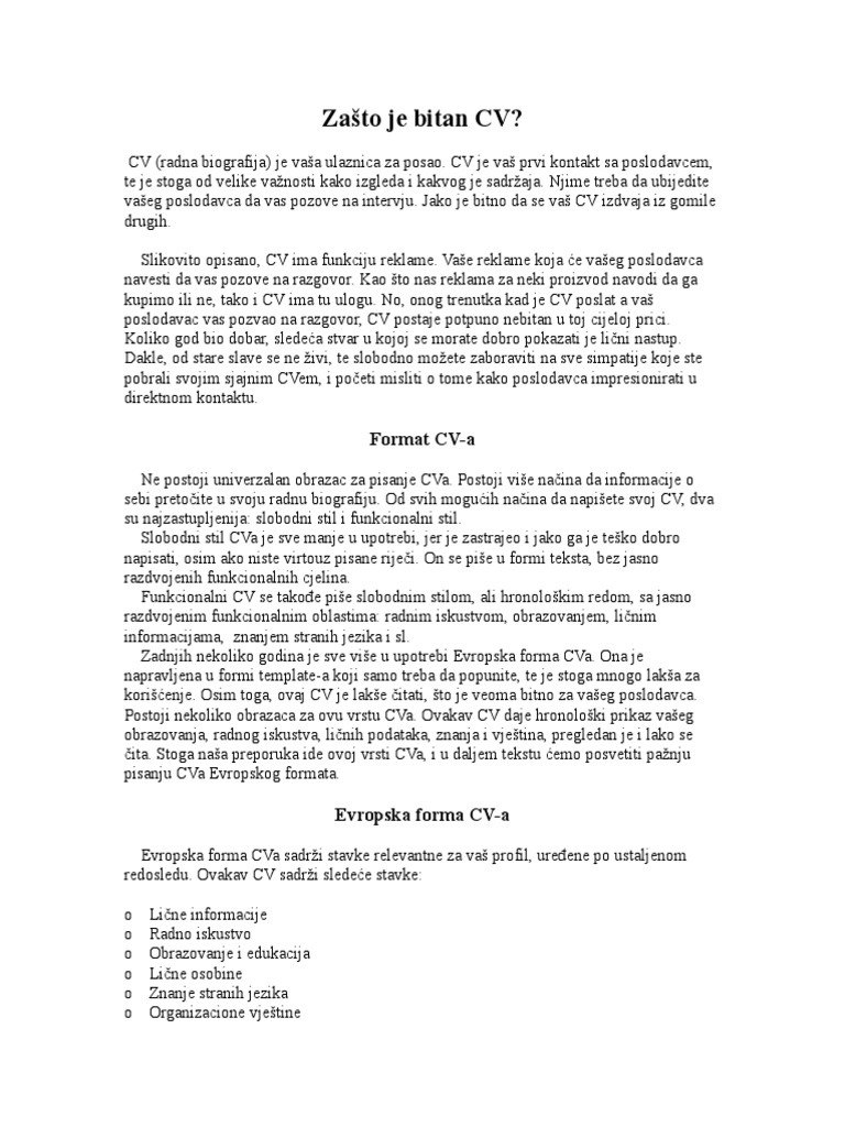 Zasto Je Bitan CV | PDF