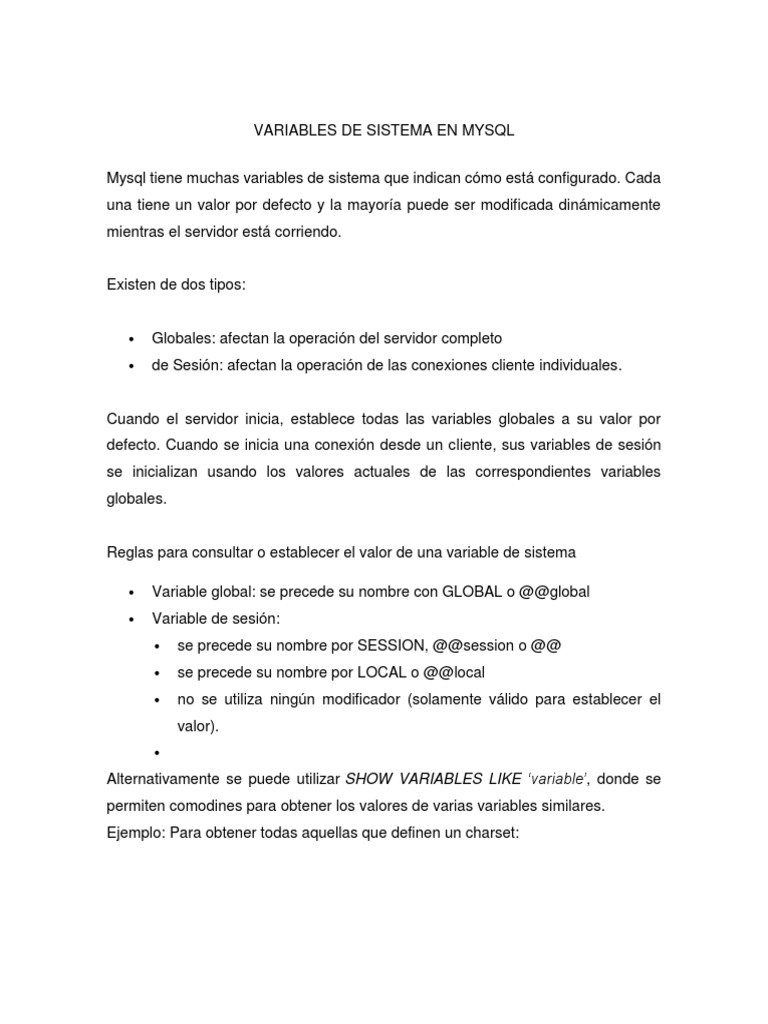 Variables de Sistema en Mysql | PDF | Servidor (Computación) | Variable (informática)