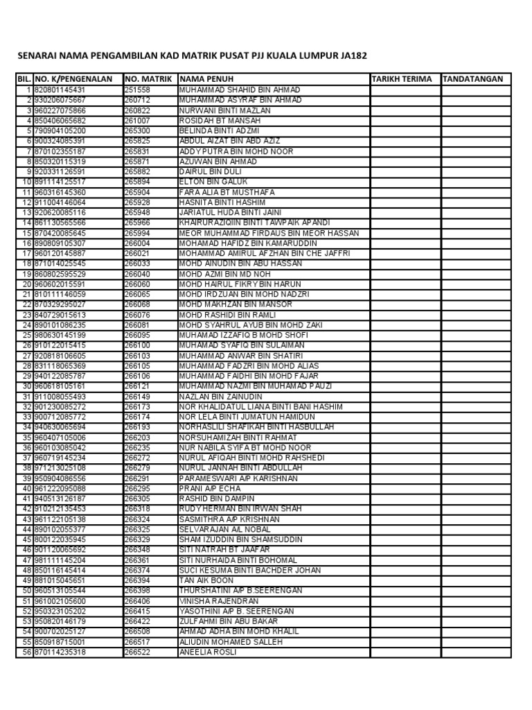 List Kad Matrik KL Ja182 PDF | PDF | Malaysia | Sports