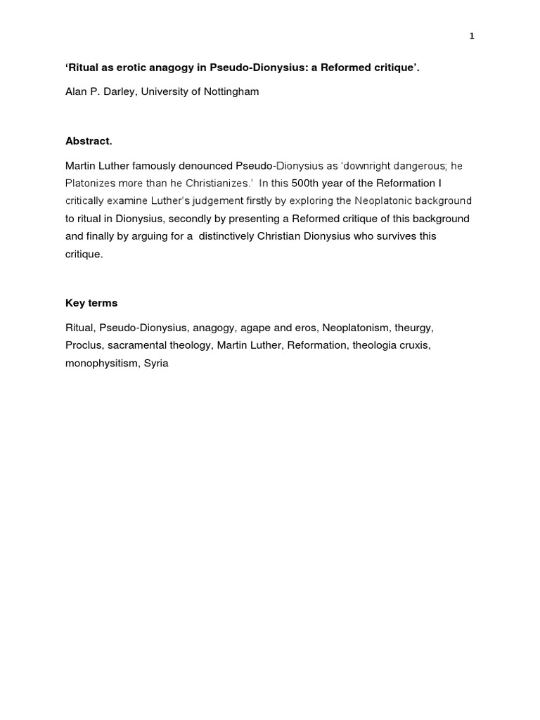 Ritual As Erotic Anagogy in Pseudo-Dionysius: A Reformed Critique ...
