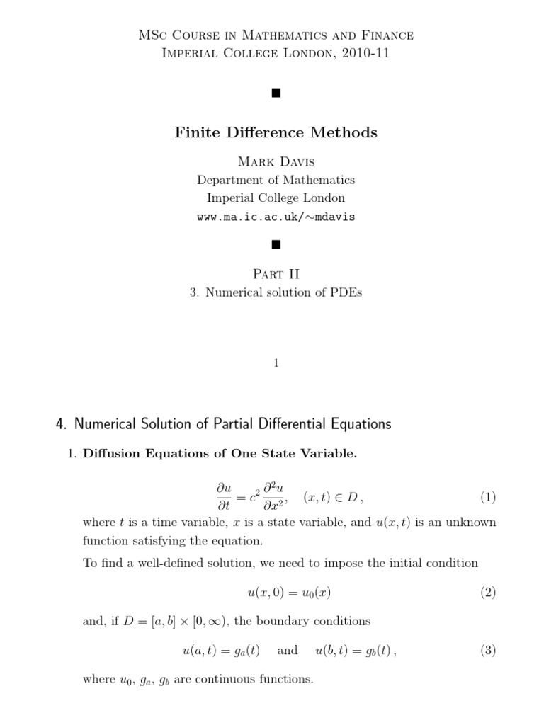 Finite Difference Methods: MSC Course in Mathematics and Finance Imperial College London, 2010 ...