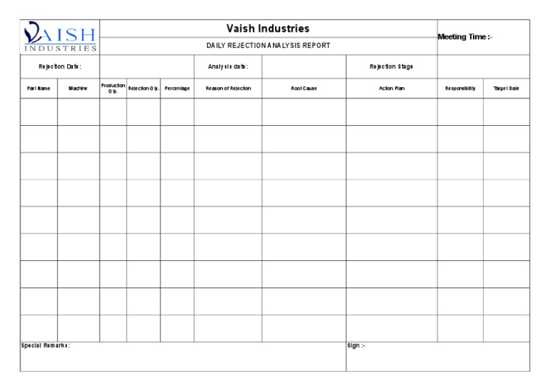F 01 Qa03 Daily Rejection Analysis Report Pen Clip Pdf