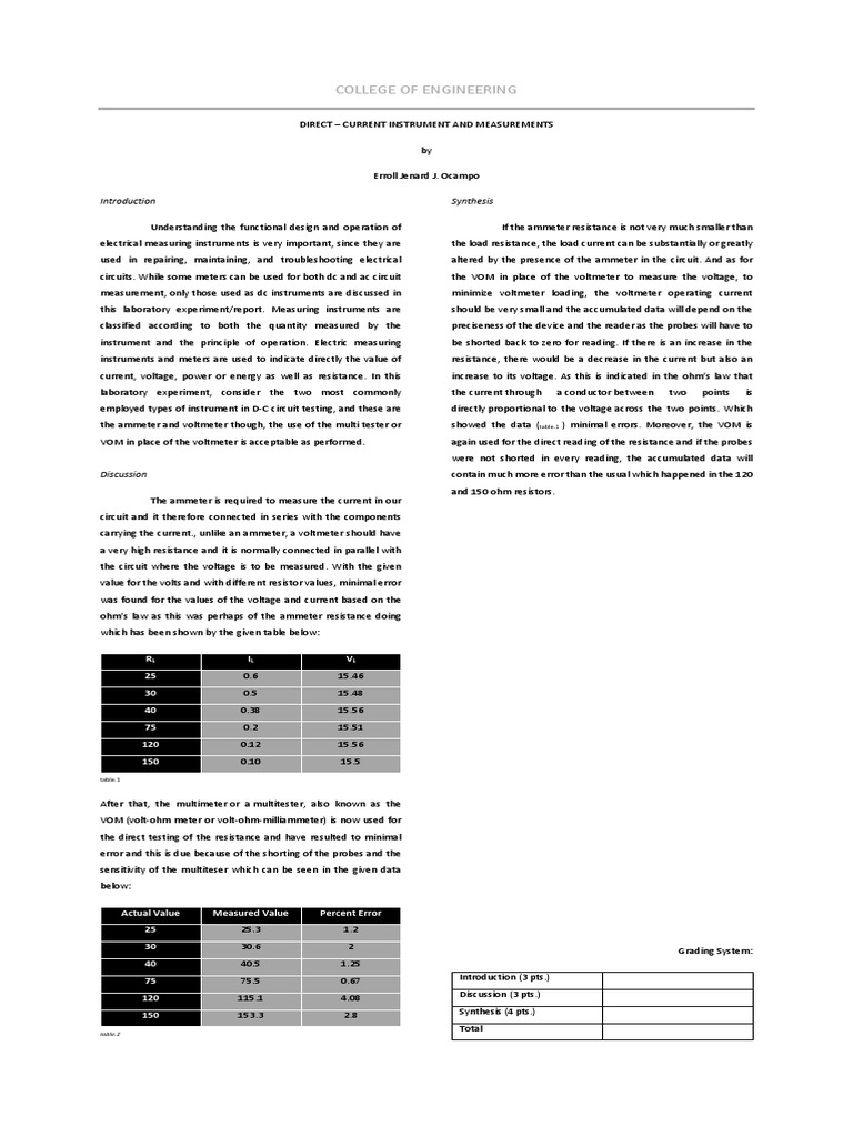 Experiment 1 DIRECT CURRENT INSTRUMENT AND MEASUREMENTS | PDF ...