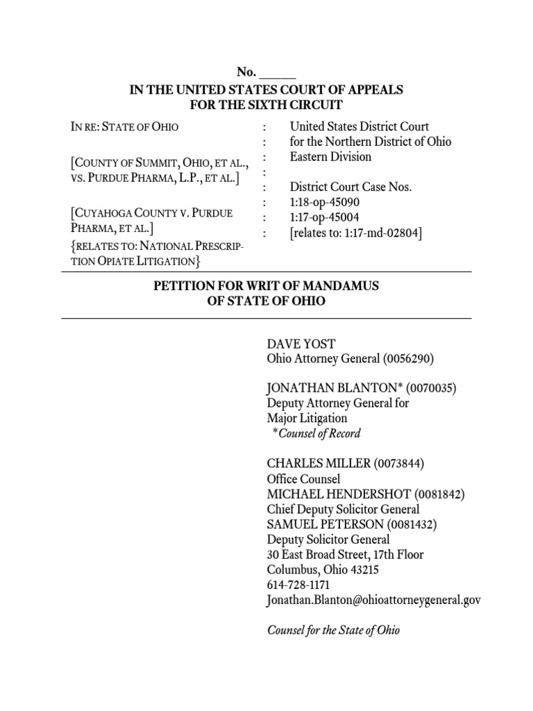 Ohio Opioid Petition For Writ of Mandamus | PDF | Standing (Law) | Class Action