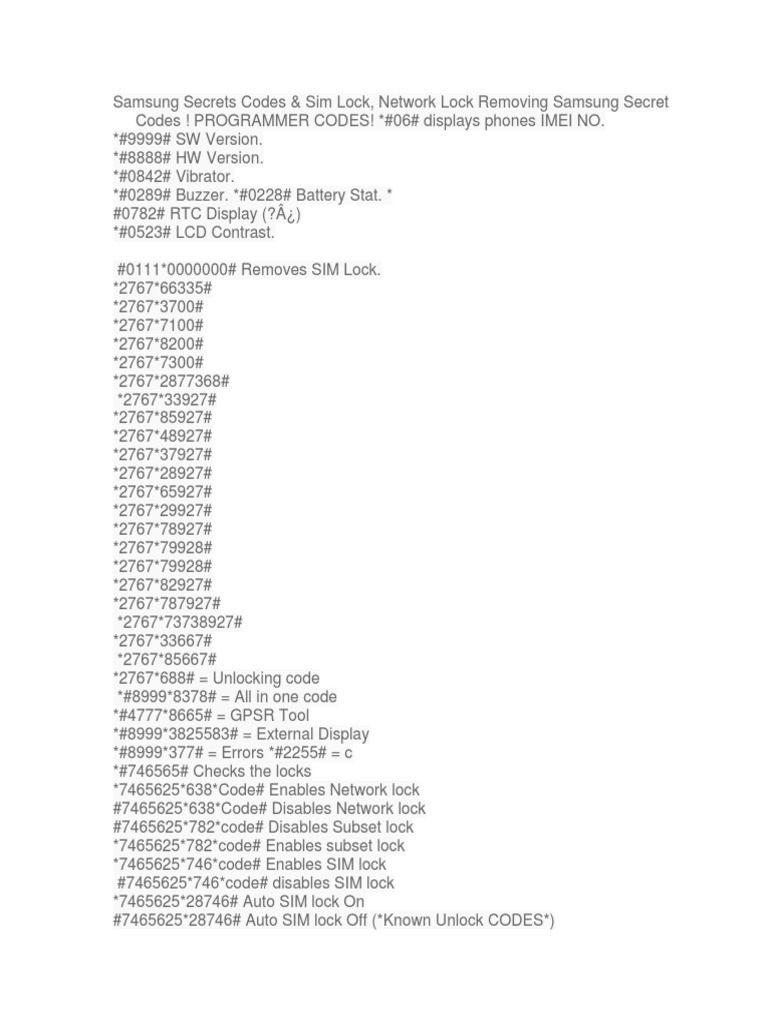 Samsung Secrets Codes | PDF | Mobile Telecommunications | Mobile Technology