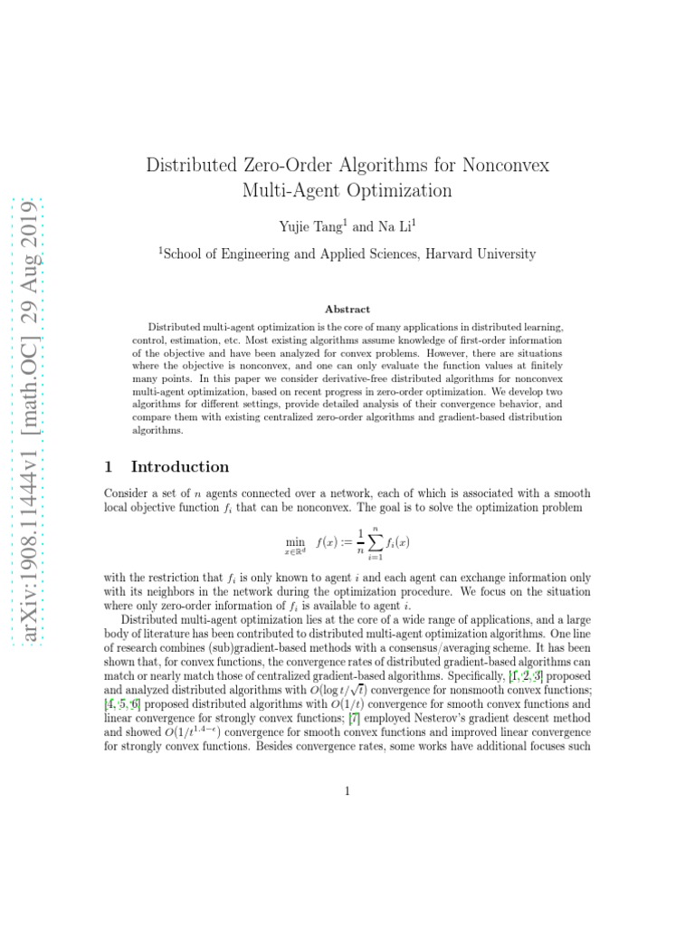 Distributed Zero Order Algorithms For Nonconvex Multi Agent Optimization Pdf Mathematical