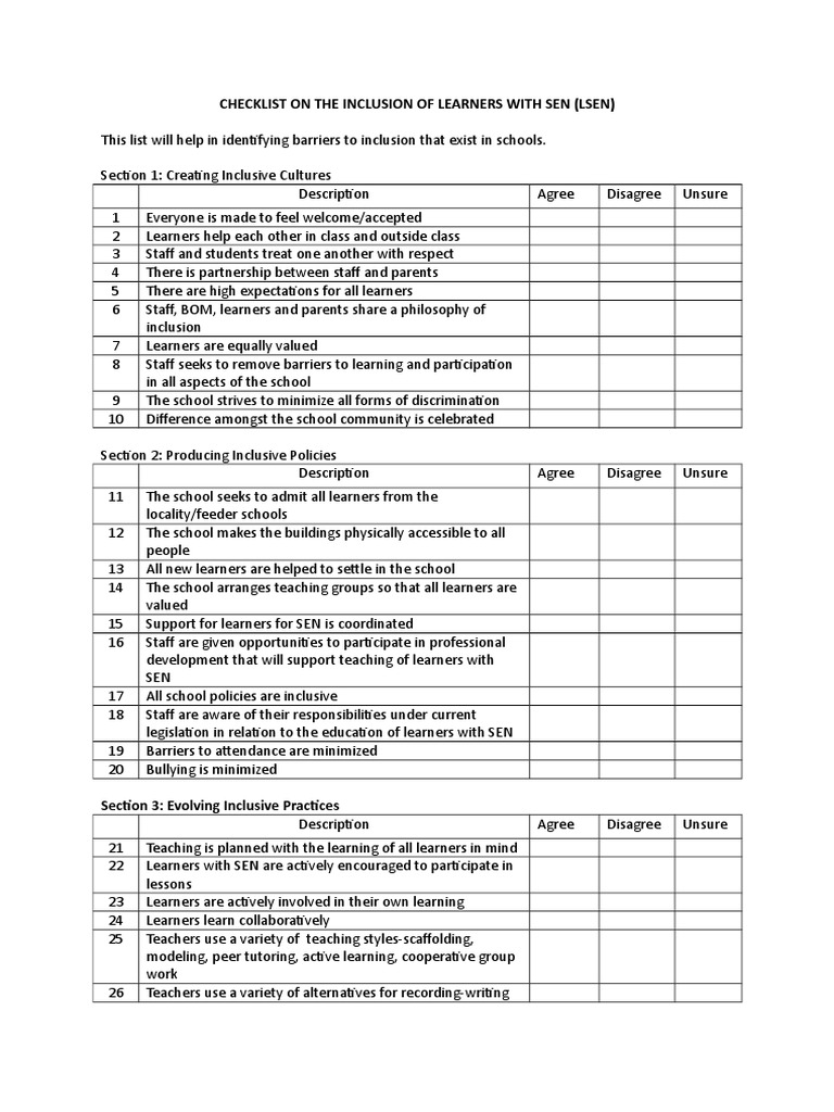 Checklist | PDF | Inclusion (Education) | Learning