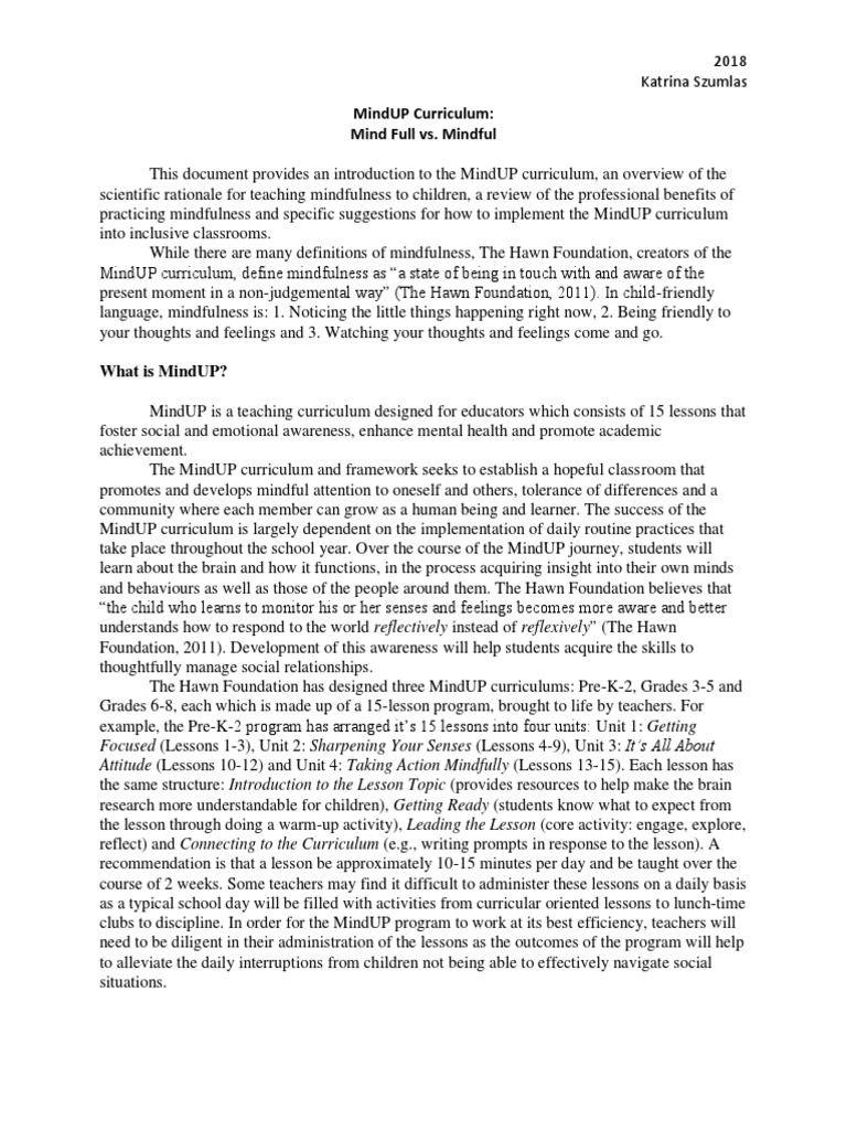Mindup Curriculum - Final Paper | PDF | Curriculum | Mindfulness