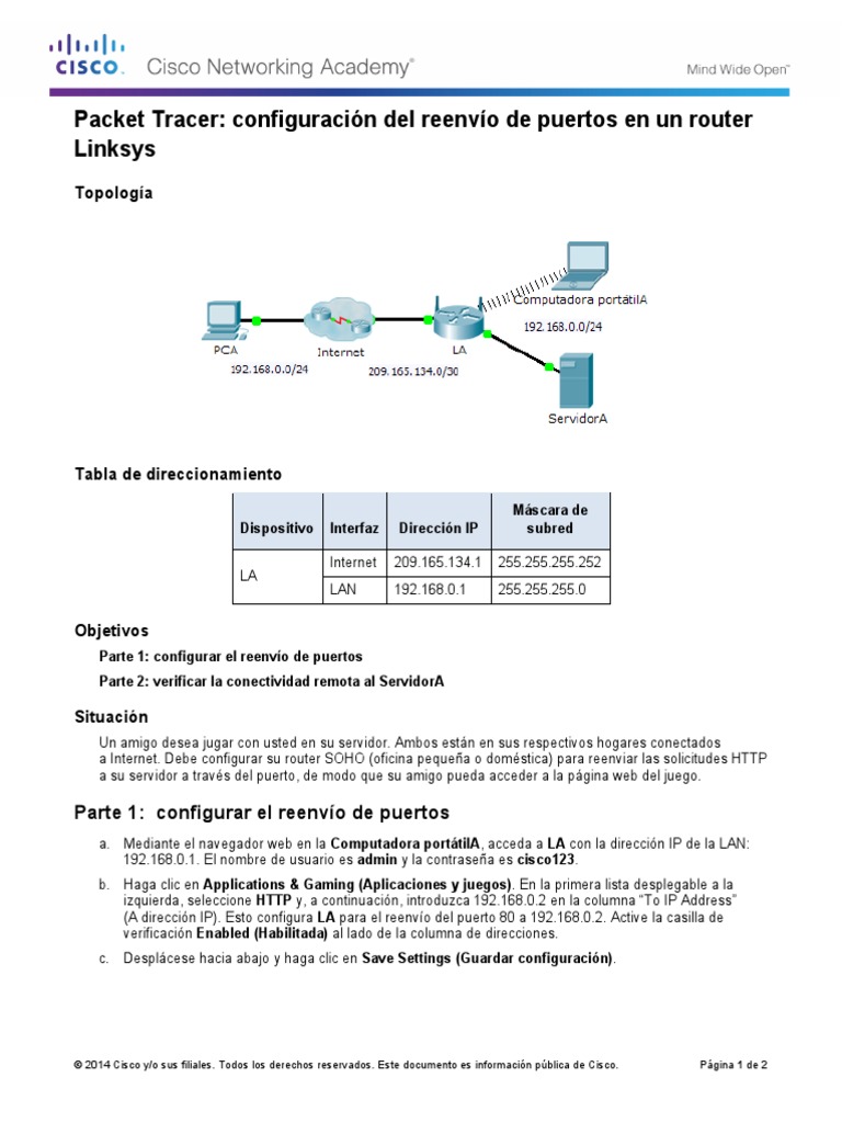 11 2 4 4 Packet Tracer Configuring Port Forwarding On A Linksys Router Instructions Pdf