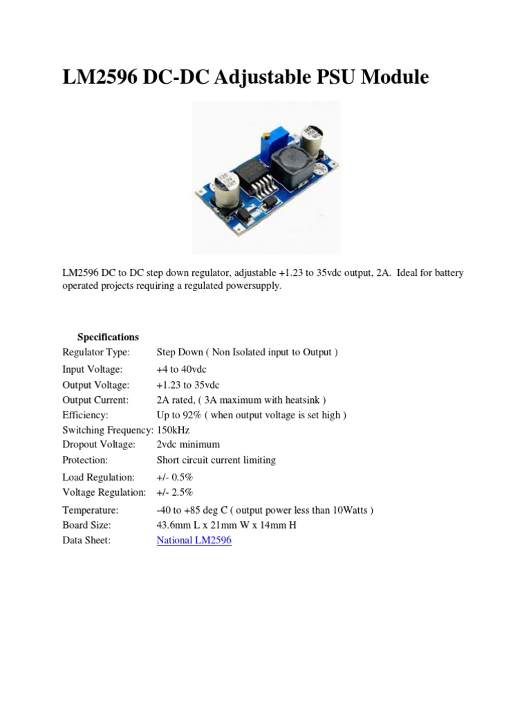 LM2596 DC-DC Adjustable PSU Module: Specifications | PDF