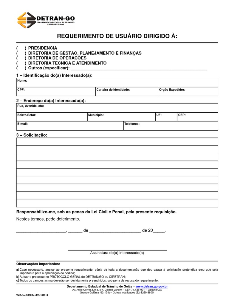 Requerimento Genérico DETRAN-GO | PDF | Direito