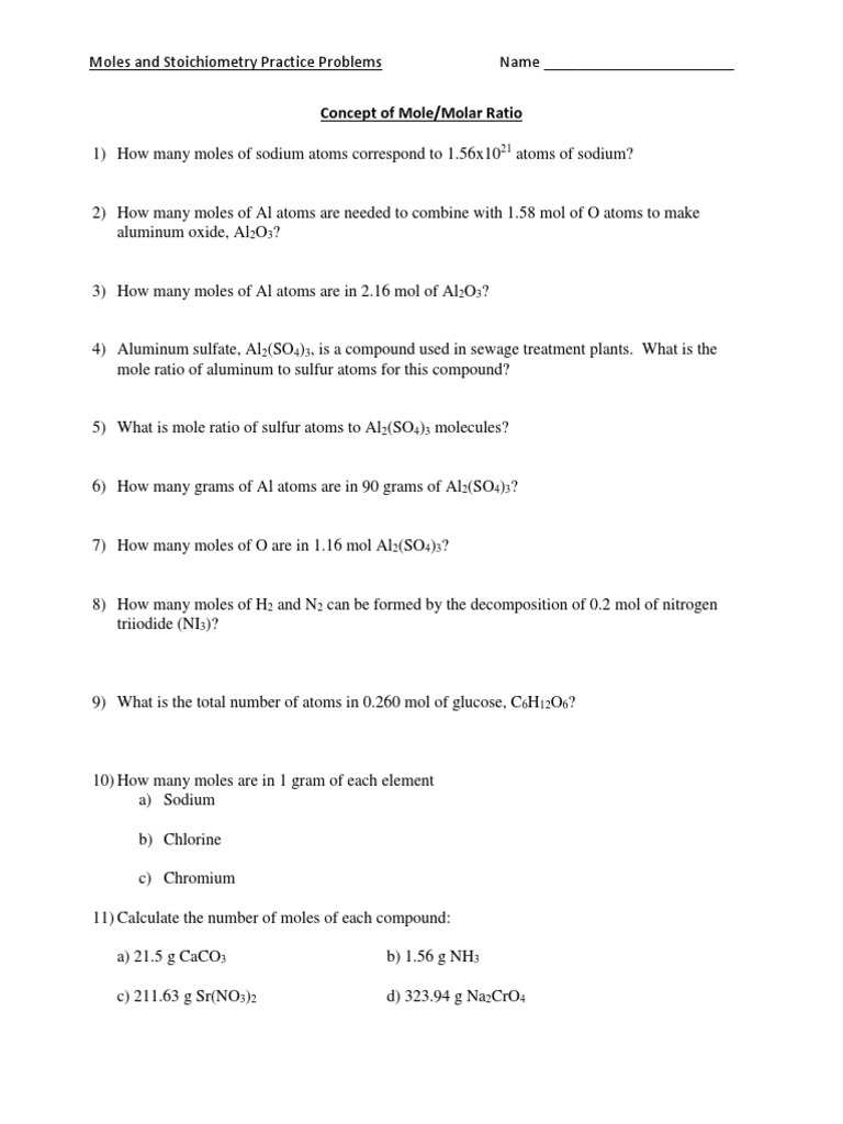 Moles and Stoichiometry Practice Problems | PDF | Mole (Unit ...