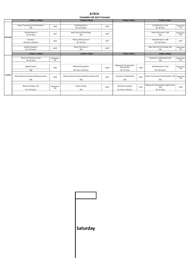TimeTable Fall 2019 | PDF | Classical Mechanics | Mechanical Engineering