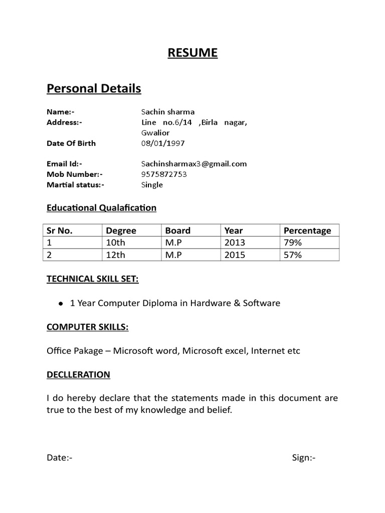 Resume Personal Details: Educational Qualafication SR No. Degree Board ...