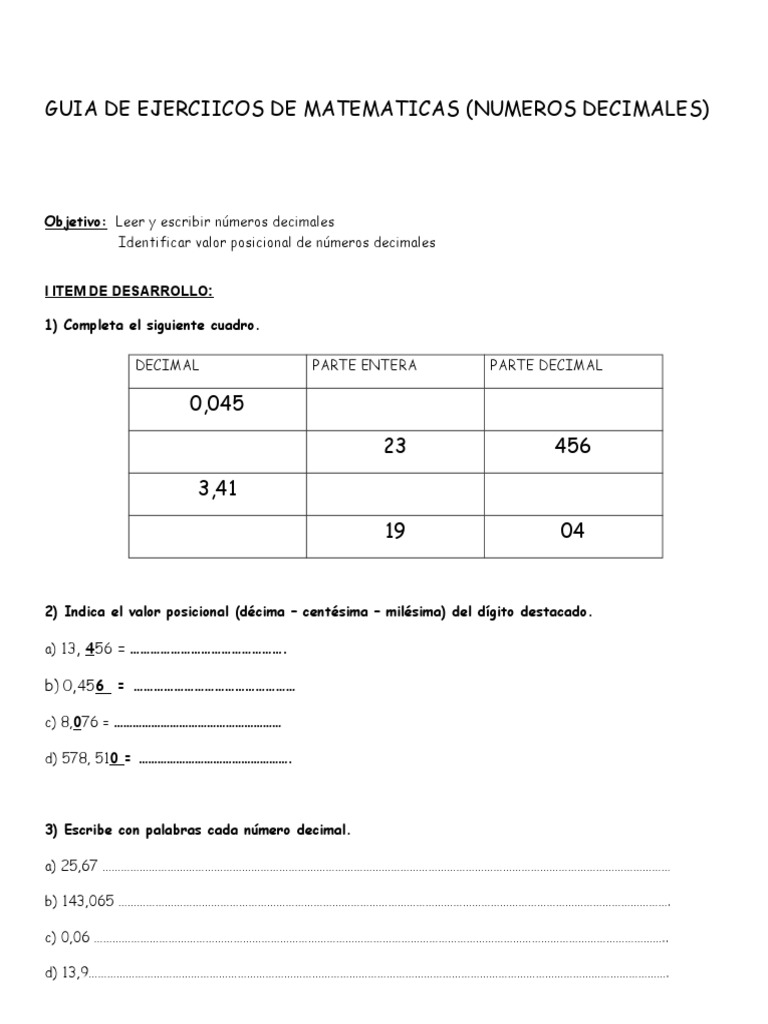 Hojas De Trabajo De Valor Posicional Hasta Milésimas