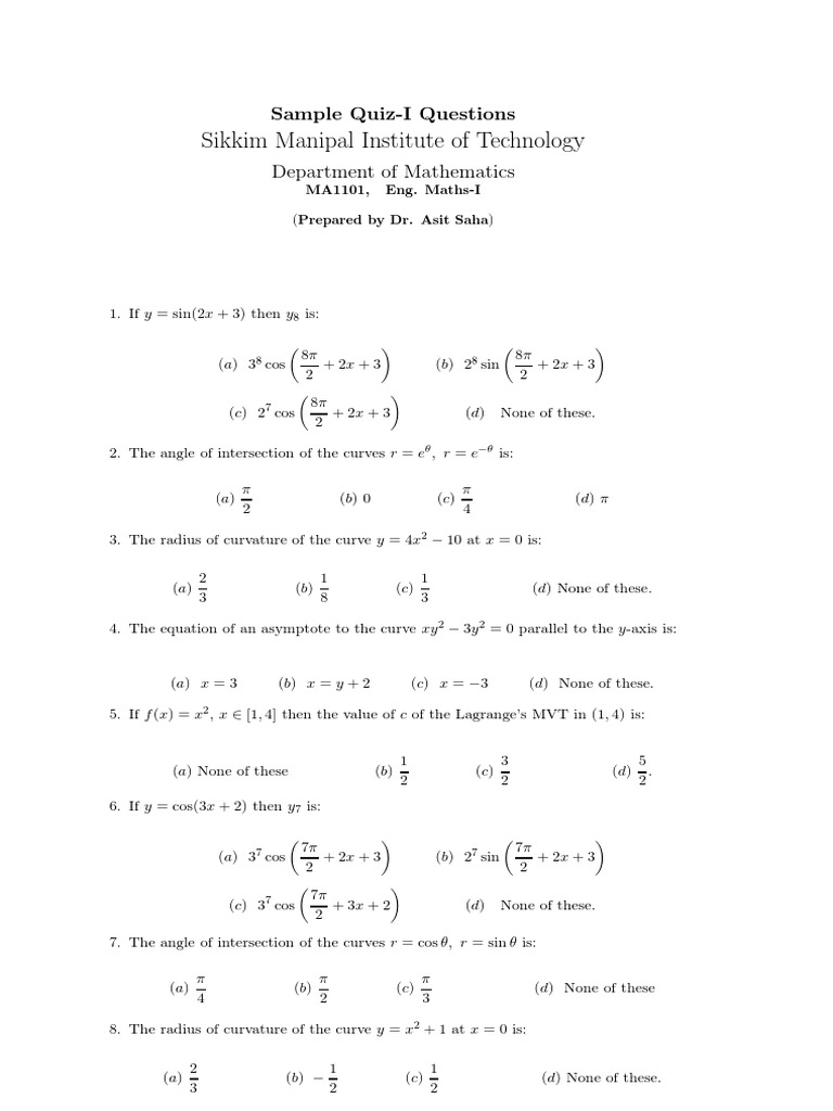 Sample Quiz-I Questions For MA1101 | PDF | Curvature | Angle