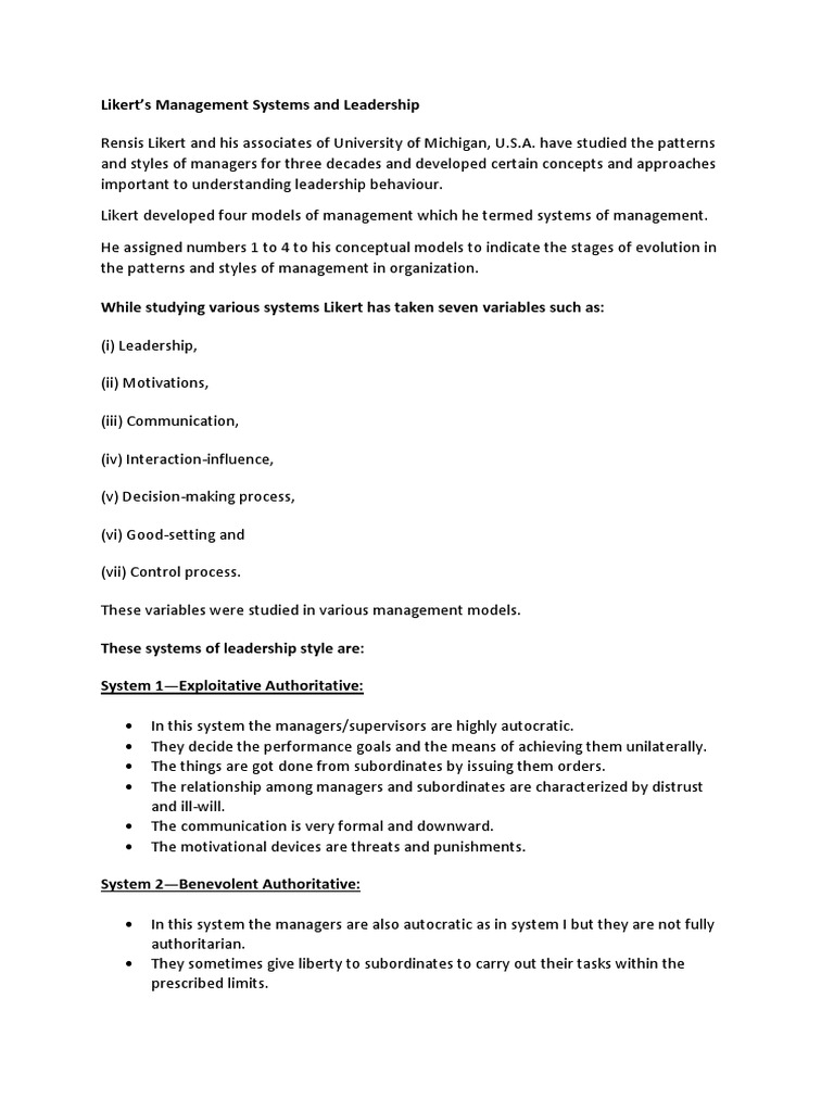 Likert's Management Systems and Leadership | PDF | Leadership | Motivation