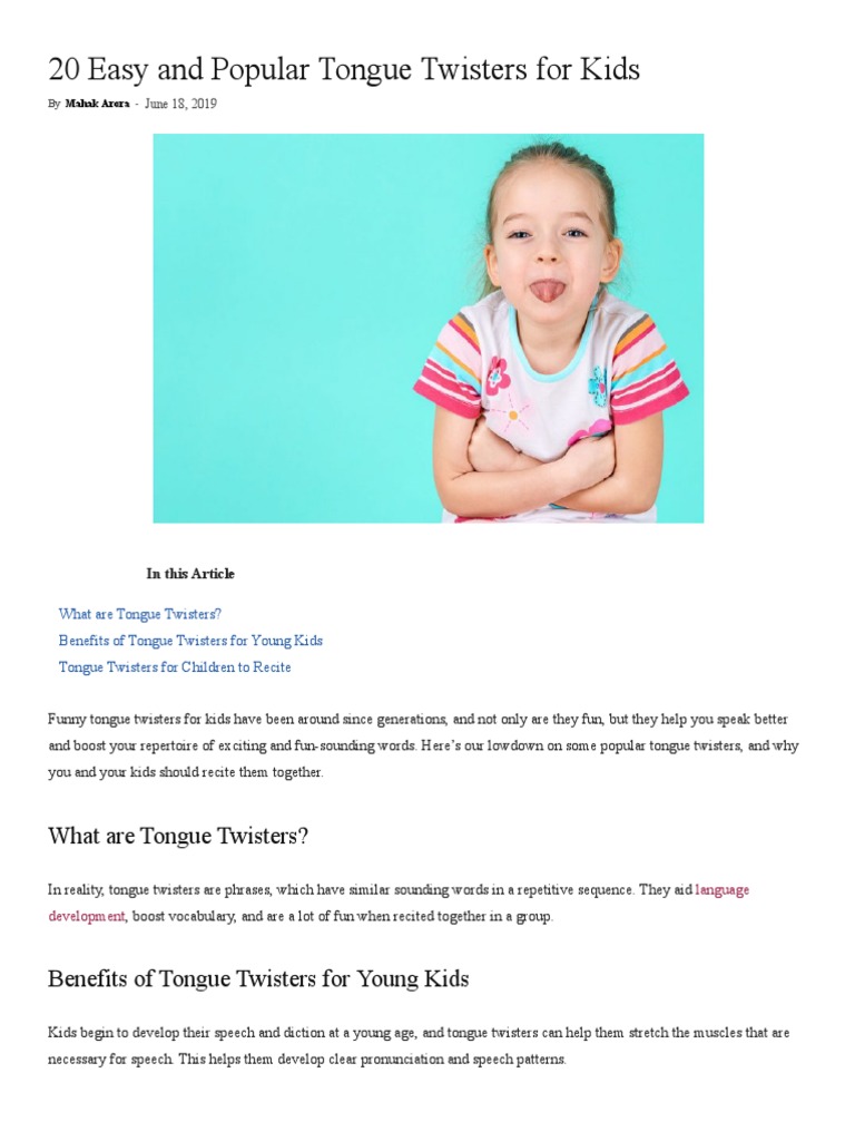 20 Short and Easy Tongue Twisters in English For Kids | PDF | Tongue ...
