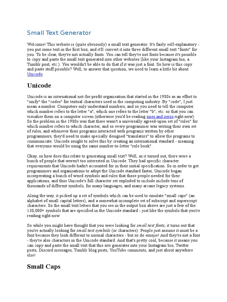 Unicode: Small Text Generator | PDF | Linguistics | Printing