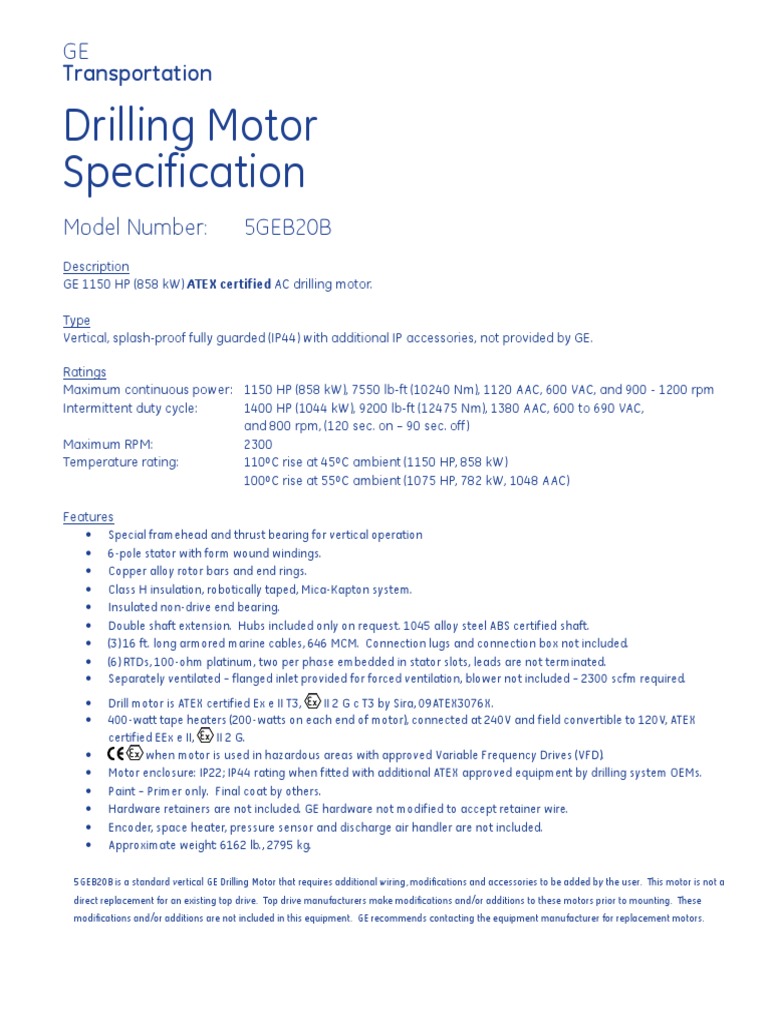 GE 1150 HP Drilling Motor Specs | PDF | Electric Motor | Electrical ...