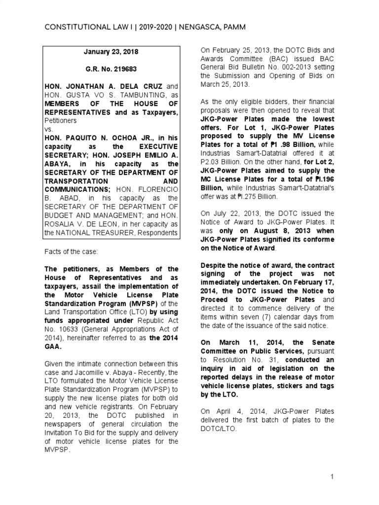 Consti Law I - Dela Cruz V Ochoa (2018) PDF | PDF | Appropriation Bill | Vehicle Registration Plate