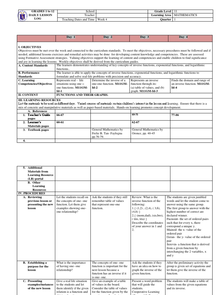 DLL Gen Math Week 4 | PDF | Function (Mathematics) | Teachers