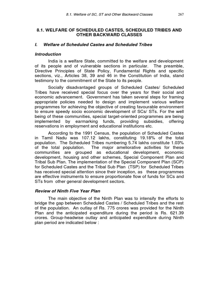 Welfare of Scheduled Castes Scheduled Tribes and Other Backward Classes ...