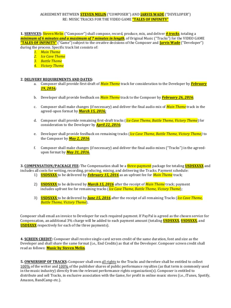 Agreement for Original Music Composition and Delivery for the Video ...