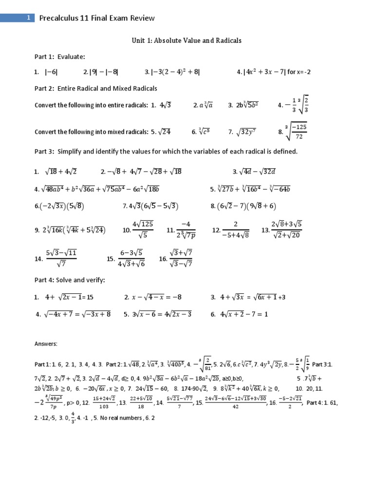 Precalculus 11 Final Exam Review: Unit 1: Absolute Value and Radicals ...