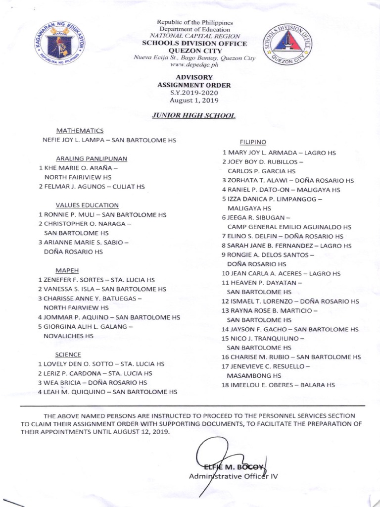 Advisory Assignment Order Junior High School | PDF | Philippines