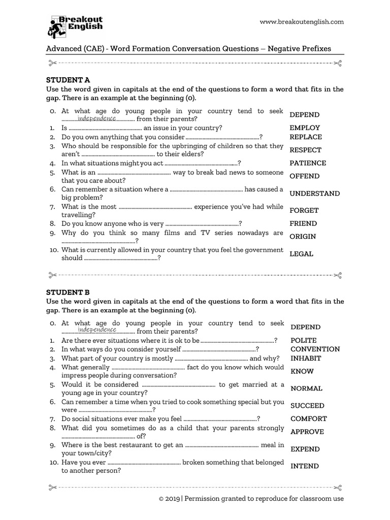 Advanced CAE Word Formation Conversation Questions Negative Prefixes | PDF