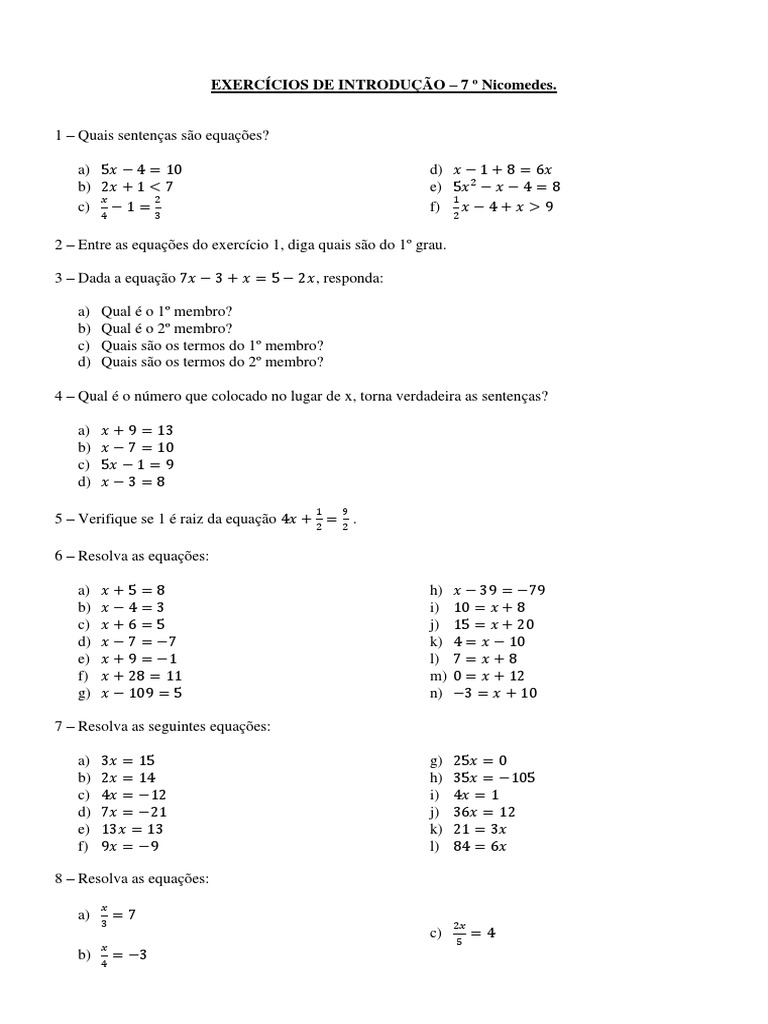 Equacao Do 1 Grau Exercicios | Equações | Objetos Matemáticos