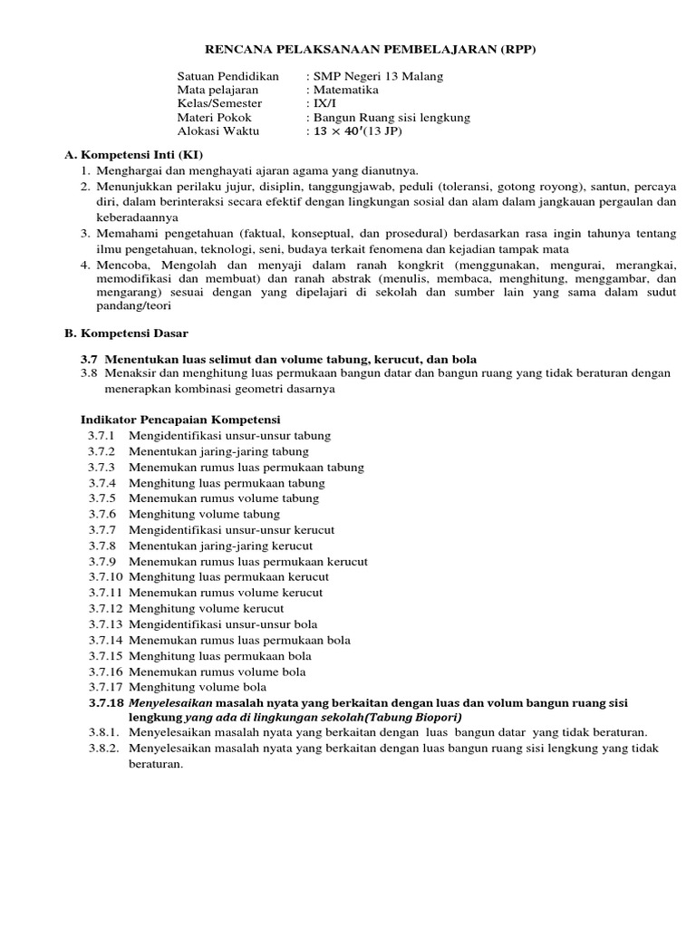 RPP Bangun Ruang Sisi Lengkung (Adiwiyata) Saiful | PDF